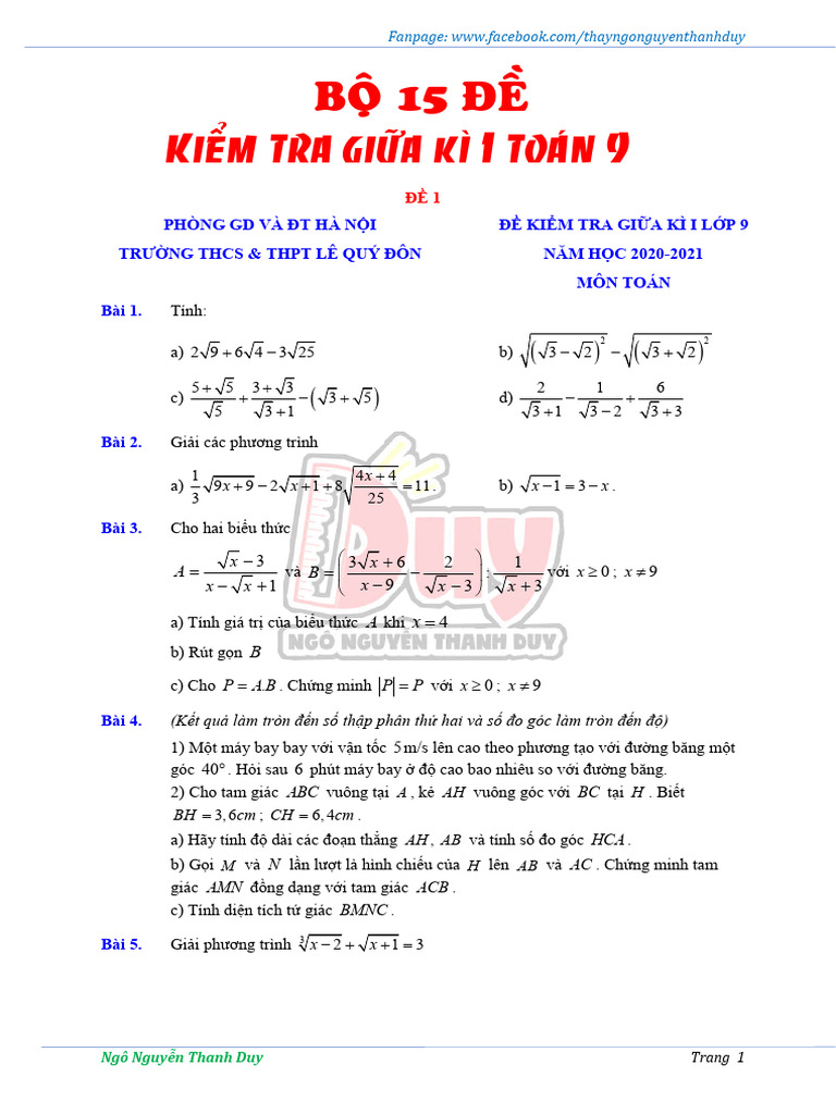 Bo de Kiem Tra Giua Ki 1 Toan 9 | PDF