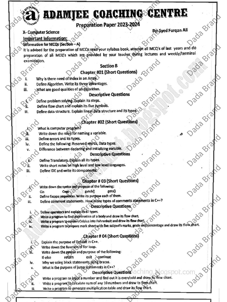 AdamJee Computer.X Class Preparation Paper 2024-Dada | PDF