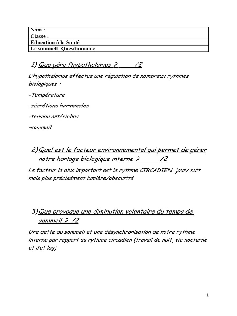 Sommeil - Questionnaire Correctif | PDF | Bien-être