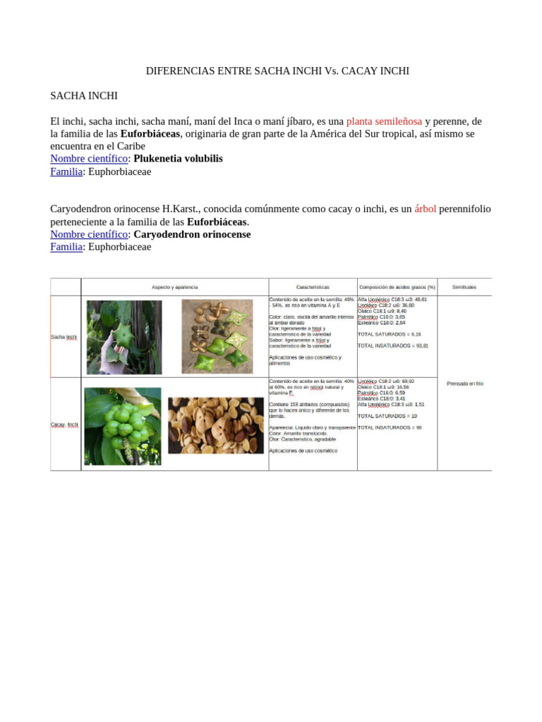 Comparativo entre Sacha Inchi Vs. Cacay Inchi | PDF