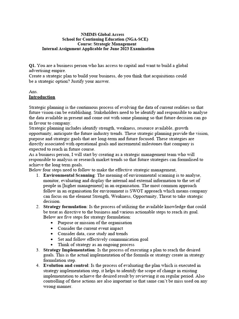 Assignment Answers Strategic Management Upd | PDF | Strategic Management | Strategic Planning