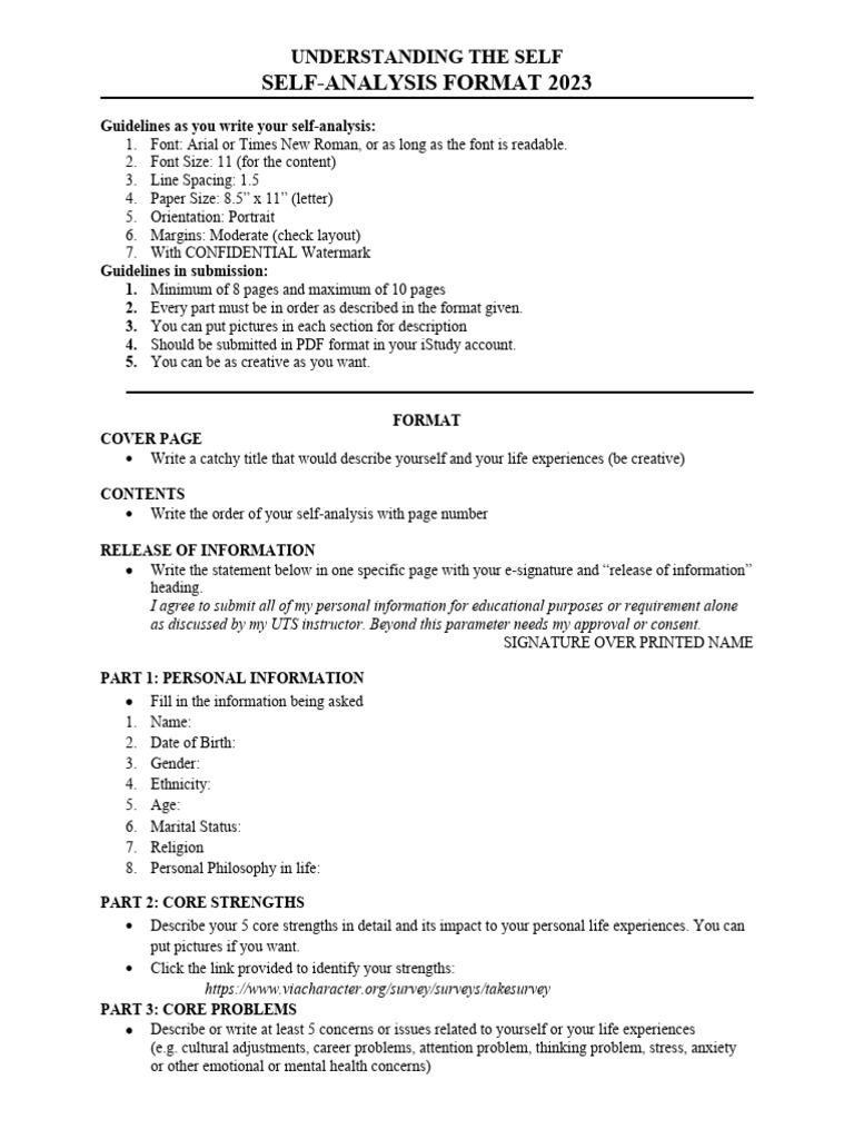 Uts Format For Self Analysis 2023 | PDF | Mental Health | Psychology