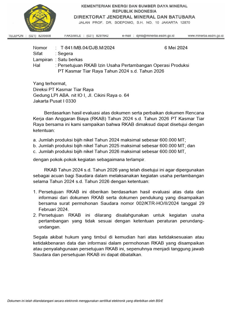 Surat Persetujuan Rkab 2024-2026 Kasmar Tiar Raya - 240508 - 142338 | PDF