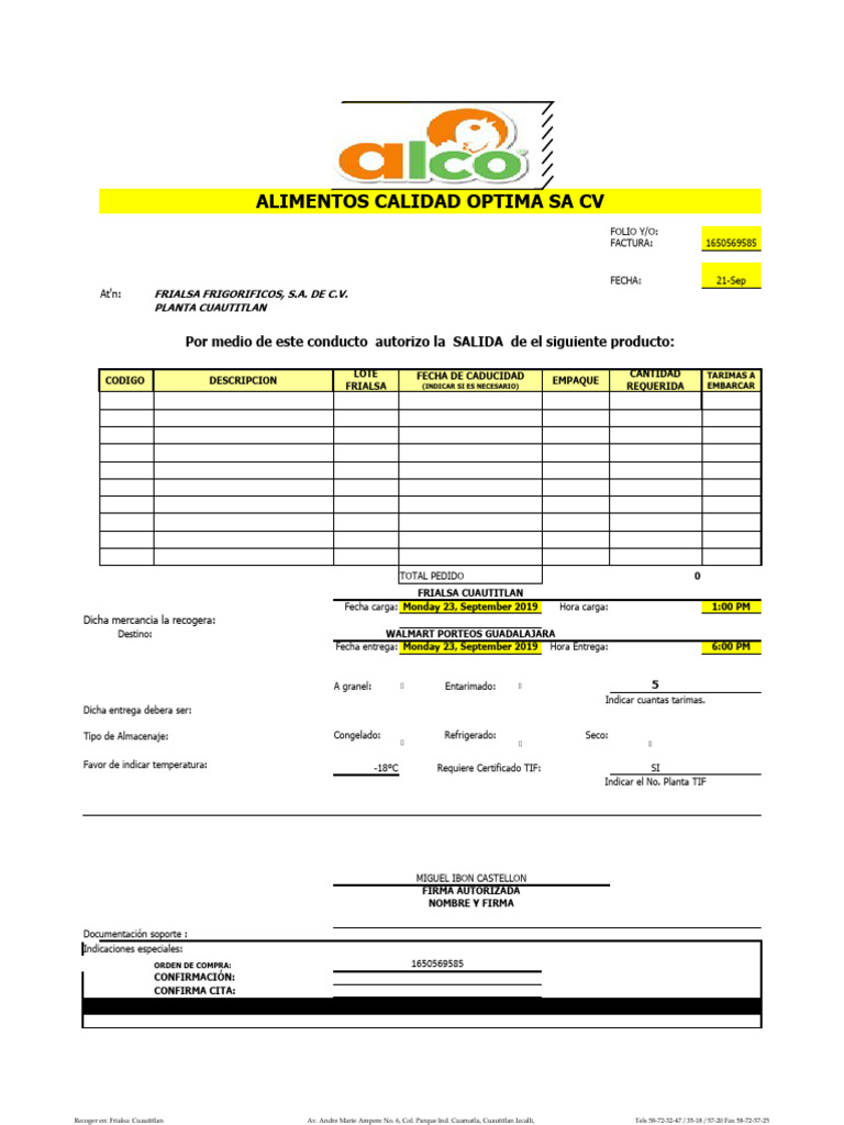 Autorización de Salida Frialsa Cuautitlan | PDF