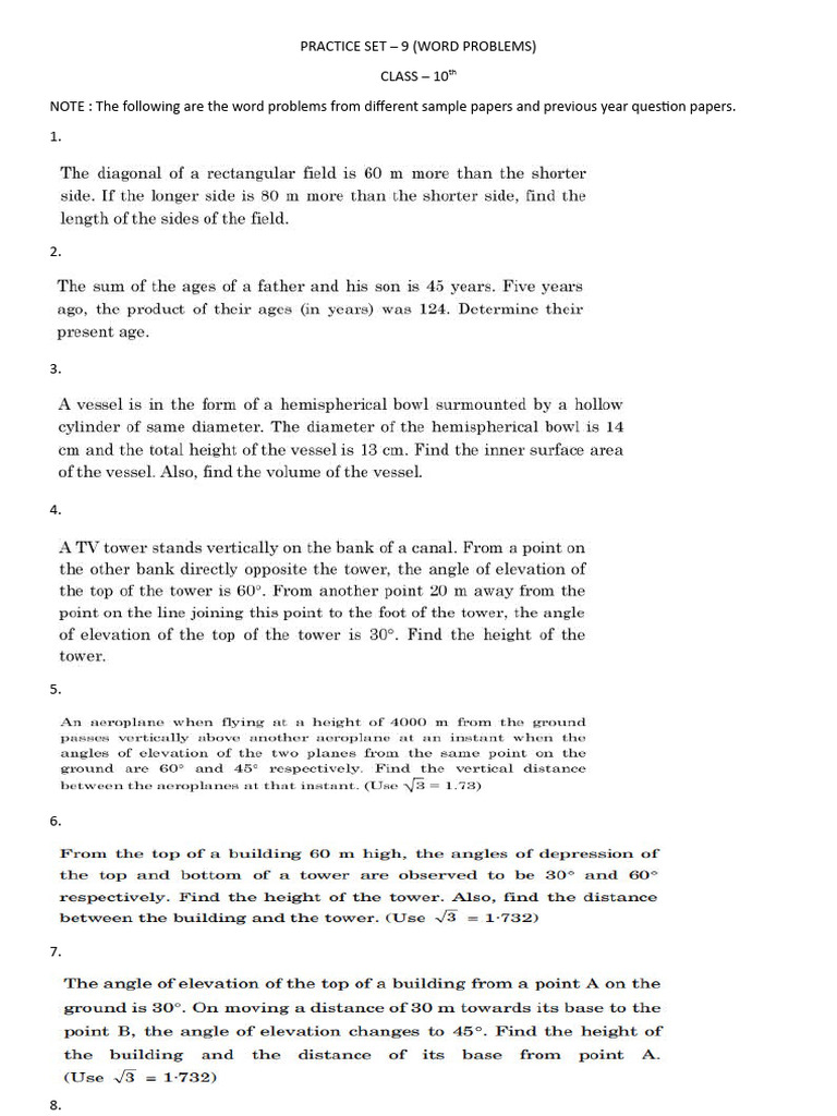 Class 10 Word Problems Practice Set | PDF