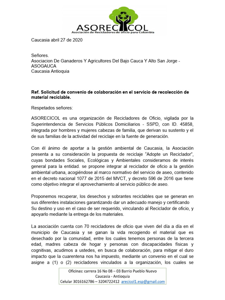 Carta Convenio | Descargar gratis PDF | Reciclaje | Residuos