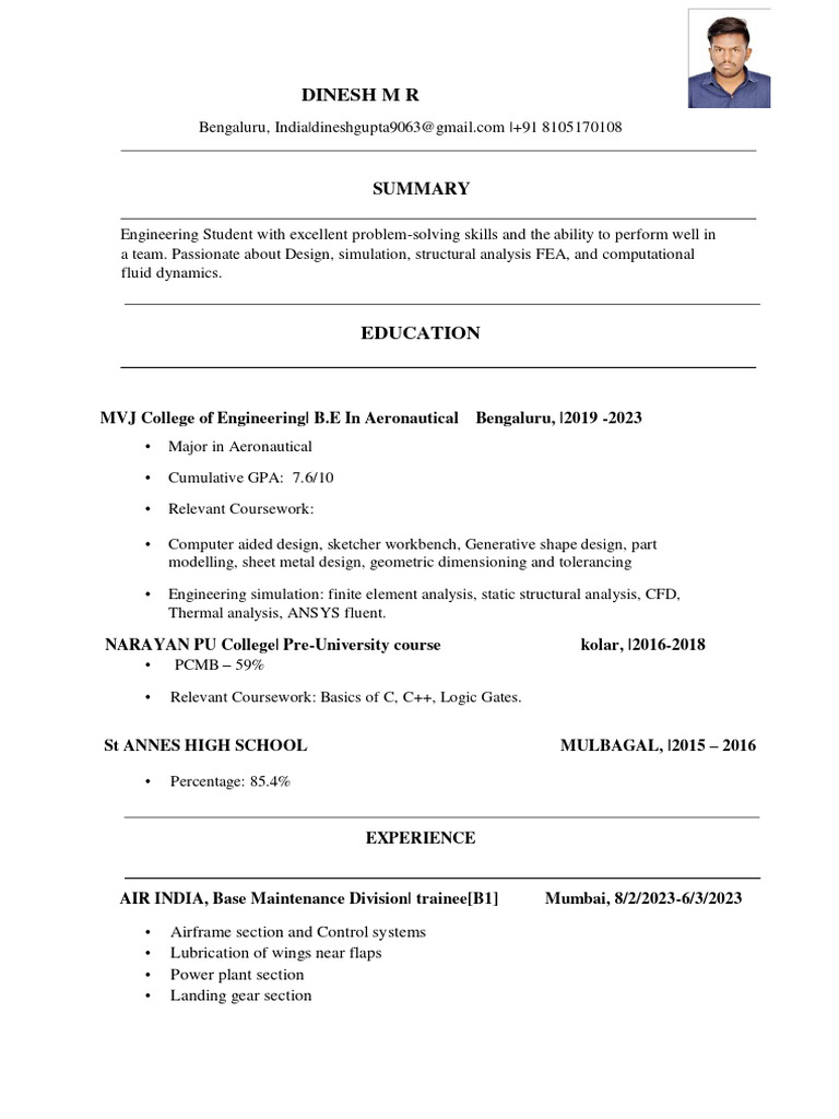 Dinesh MR Resume | PDF | Aviation