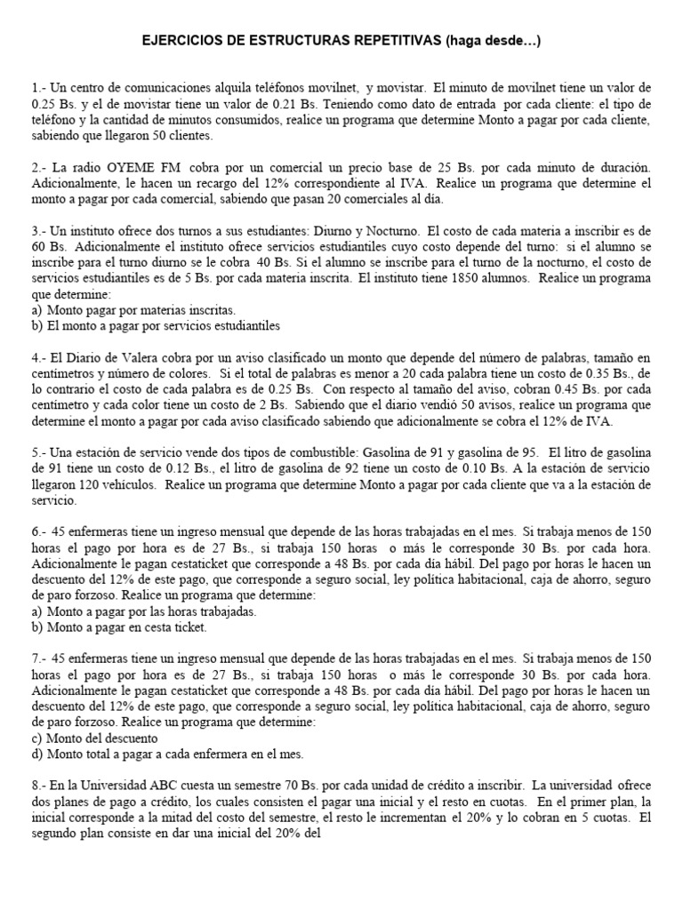 Ejercicios de Estructuras Repetitivas Decision Sin Contadores y Acumuladores | PDF | Estación de ...