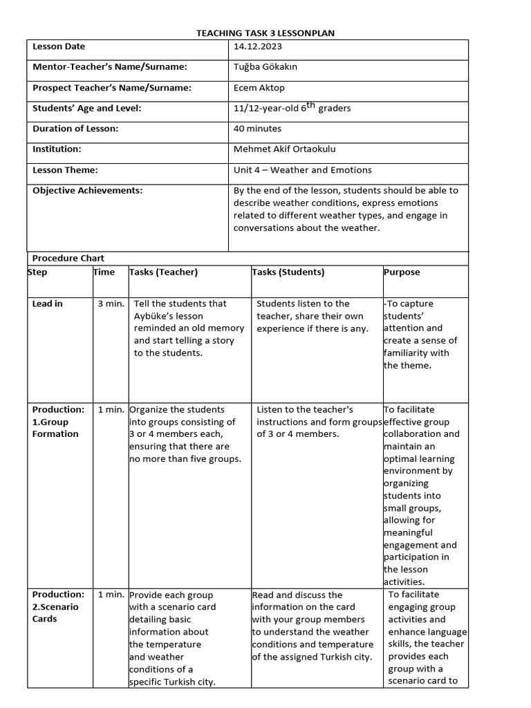 EcemAktop - 200907077 - Teaching Task 3 Lesson Plan and Materials | PDF | Teachers | Weather