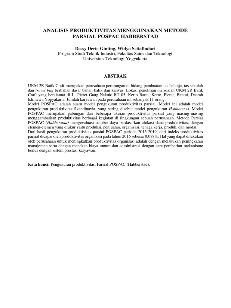 Analisis Produktivitas Menggunakan Metode Parsial Pospac Habberstad | PDF