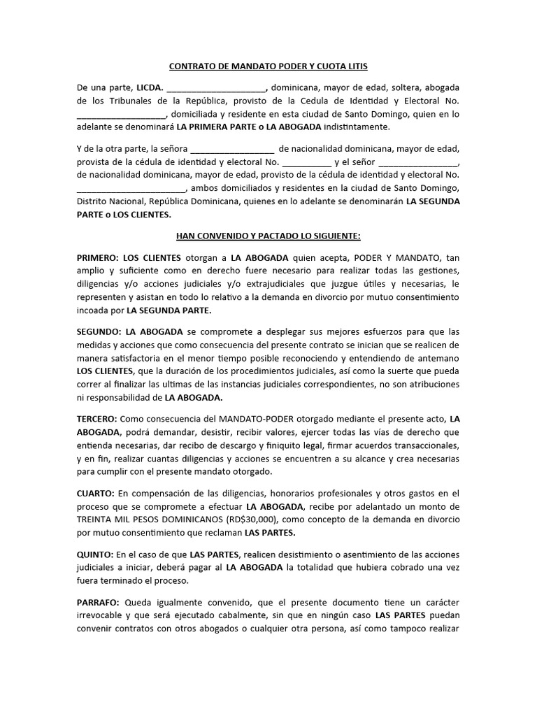 Contrato Mandato Poder y Cuota Litis | PDF | Abogado | República Dominicana
