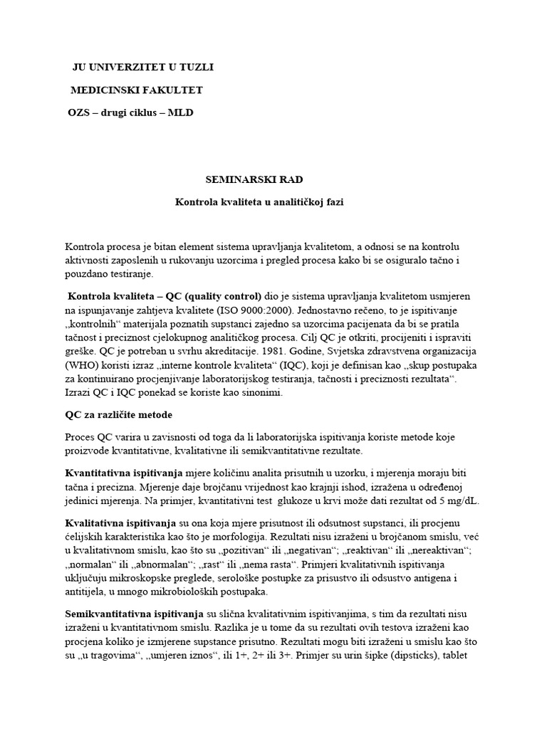 Seminarski - Kontrola Kvaliteta U Analitičkoj Fazi | PDF