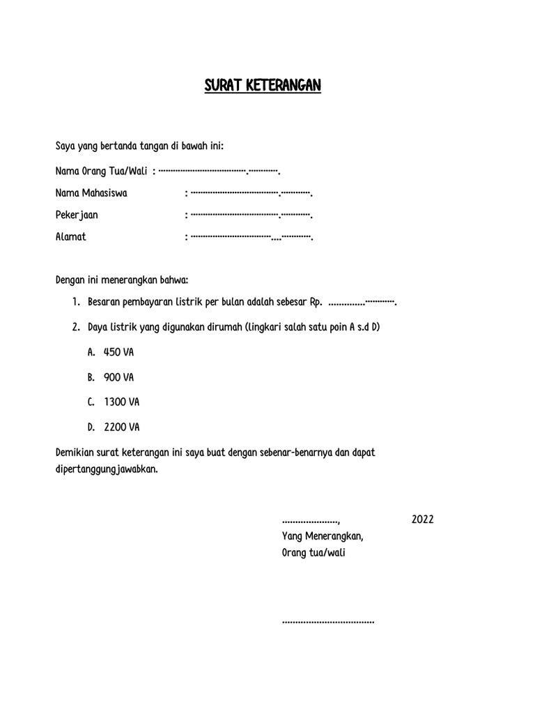 Surat Keterangan Biaya Listrik | PDF