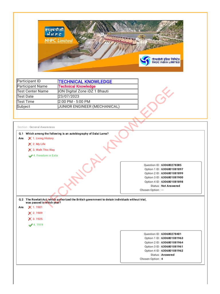 NHPC Mechanical Paper 2023 TK | PDF