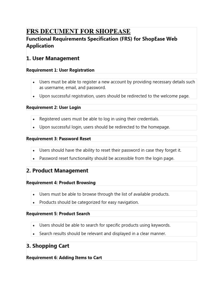 FRS DECUMENT for SHOPEASE Functional Requirements Specification | PDF