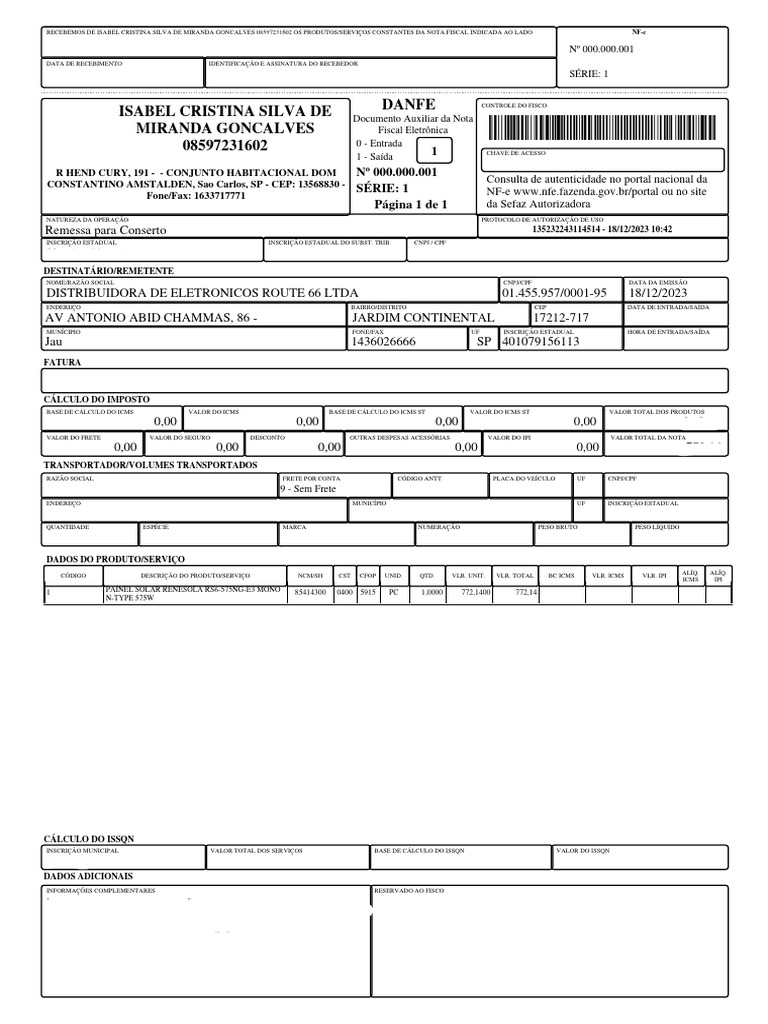 Exemplo Nota de Remessa Conserto | Download grátis PDF | Recibo ...