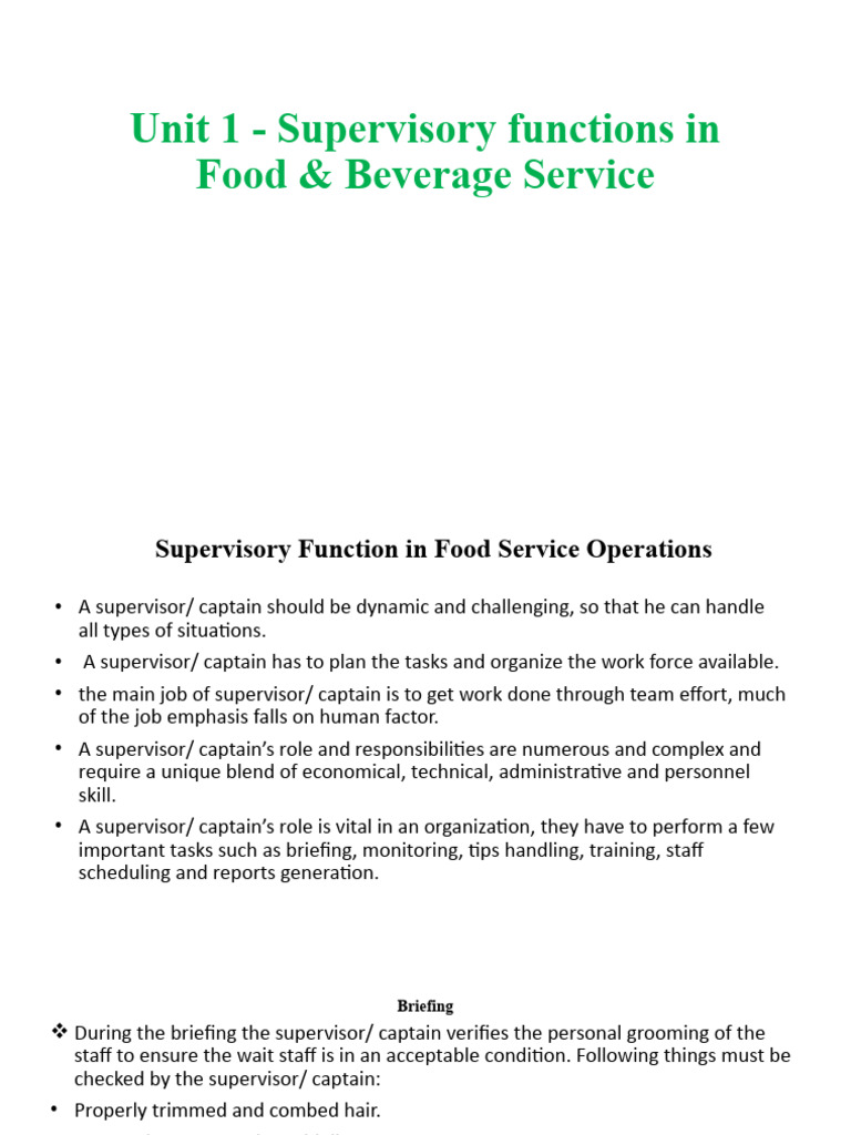 Food & Beverage Supervisor Responsibilities | PDF | Customer ...