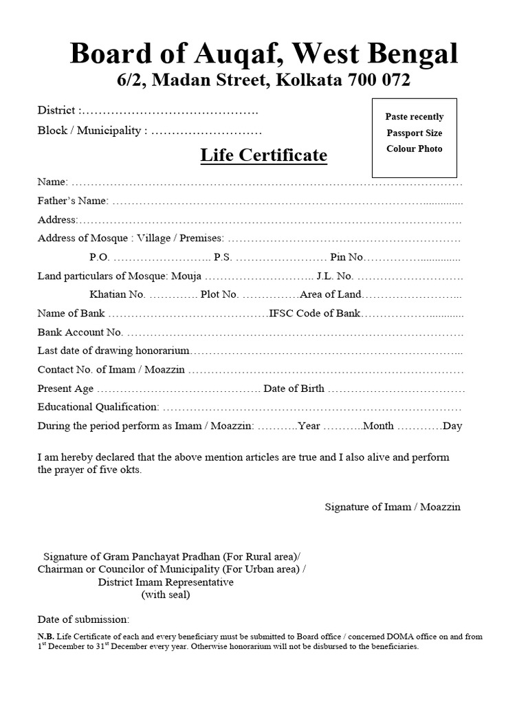 West Bengal Mosque Life Certificate Form | PDF