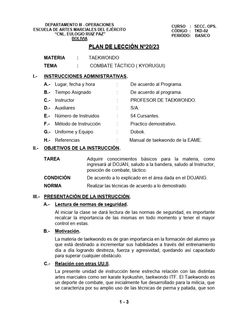 Plan de Leccion 20 | PDF | Taekwondo