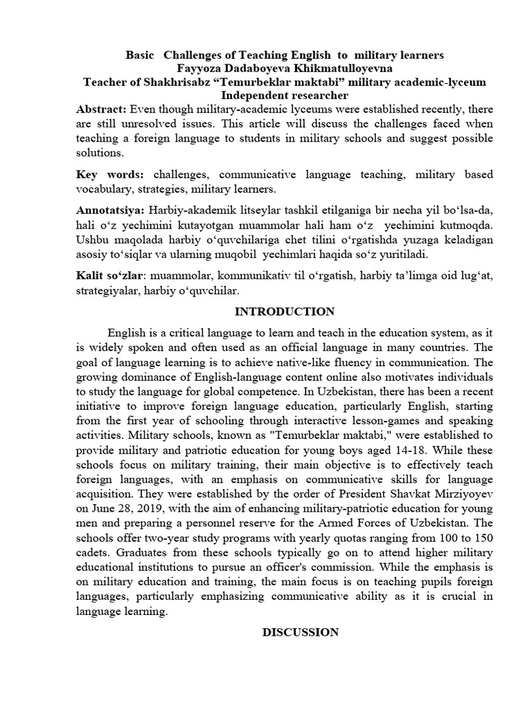 Teaching English Challenges in Military Schools | PDF | Foreign ...