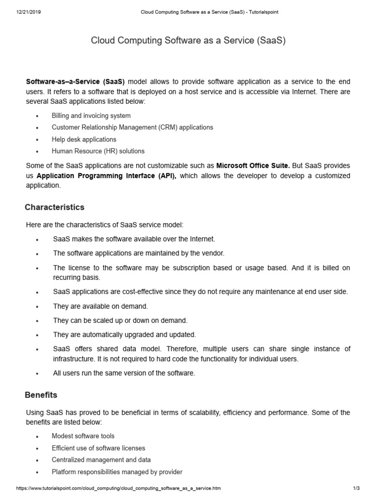 Cloud Computing Software As A Service (SaaS) - Tutorialspoint | PDF | Software As A Service ...