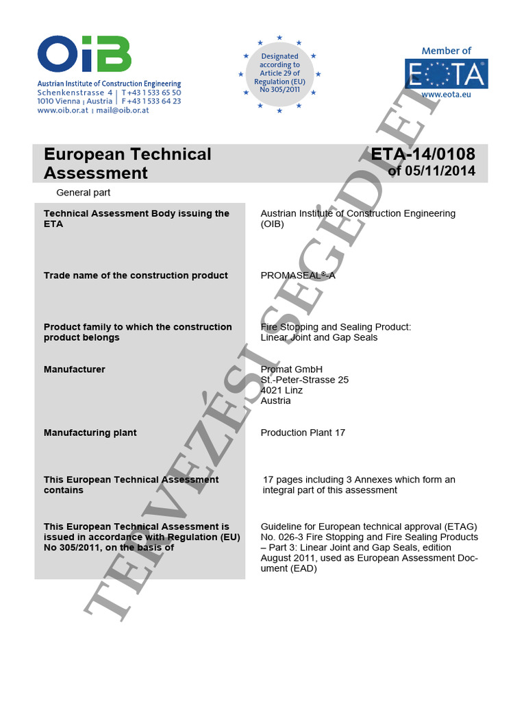 European Technical Assessment - ETA 14/0108 | PDF | Building Engineering | Materials