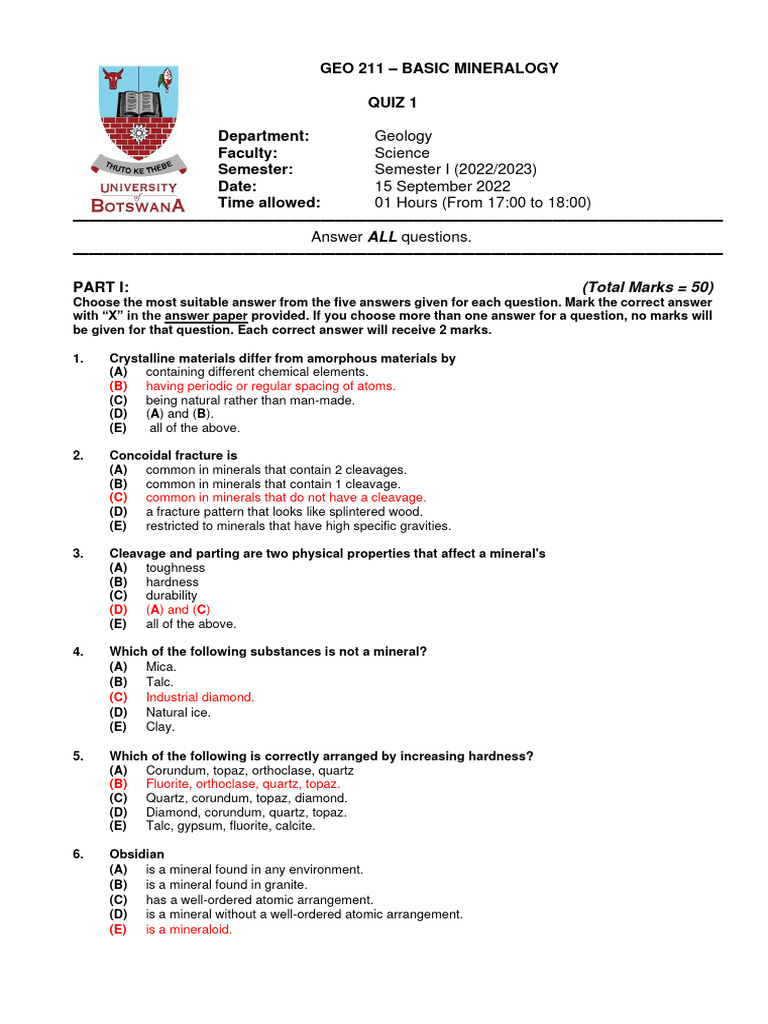 GEO 211 - Quiz 1 - Answers - 15.09.2022 | PDF | Minerals | Solid