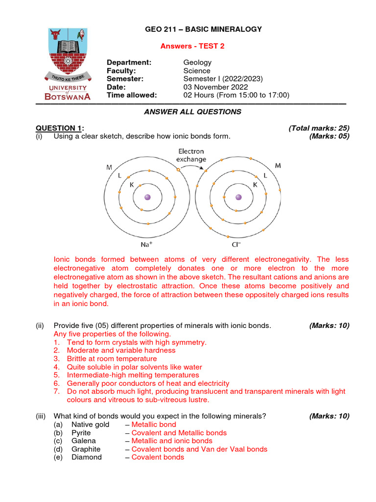 Basic Mineralogy Test 2 Answers | PDF | Chemical Bond | Ionic Bonding