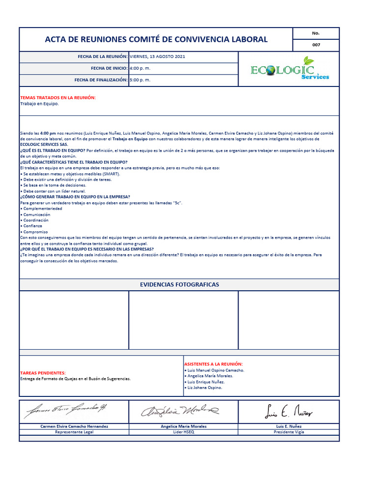 Acta de Reuniones Comité de Convivencia Laboral (Mes Agosto 2021) | PDF ...