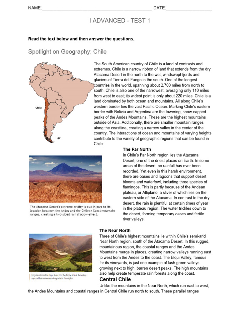 I Advanced Test 1 | PDF | Andes | Chile