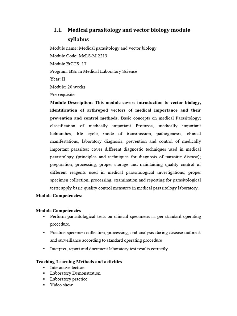 Medical Parasitology and Vector Biology Module Syl - Docxmf | PDF | Mosquito | Parasitology