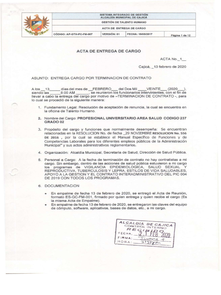 Acta Entrega Cargo Angela Yisset González Tenjica | PDF | Archivo de ...