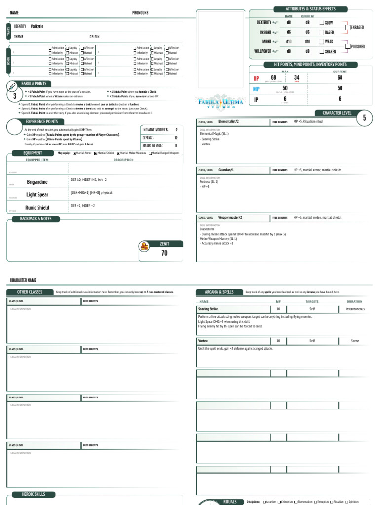 Fabula Ultima Character Sheet VALKYRIE | PDF | Gaming | Tabletop Games