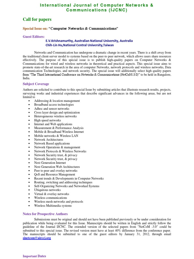 Call for Papers: IJCNC Special Issue | PDF | Computer Network ...