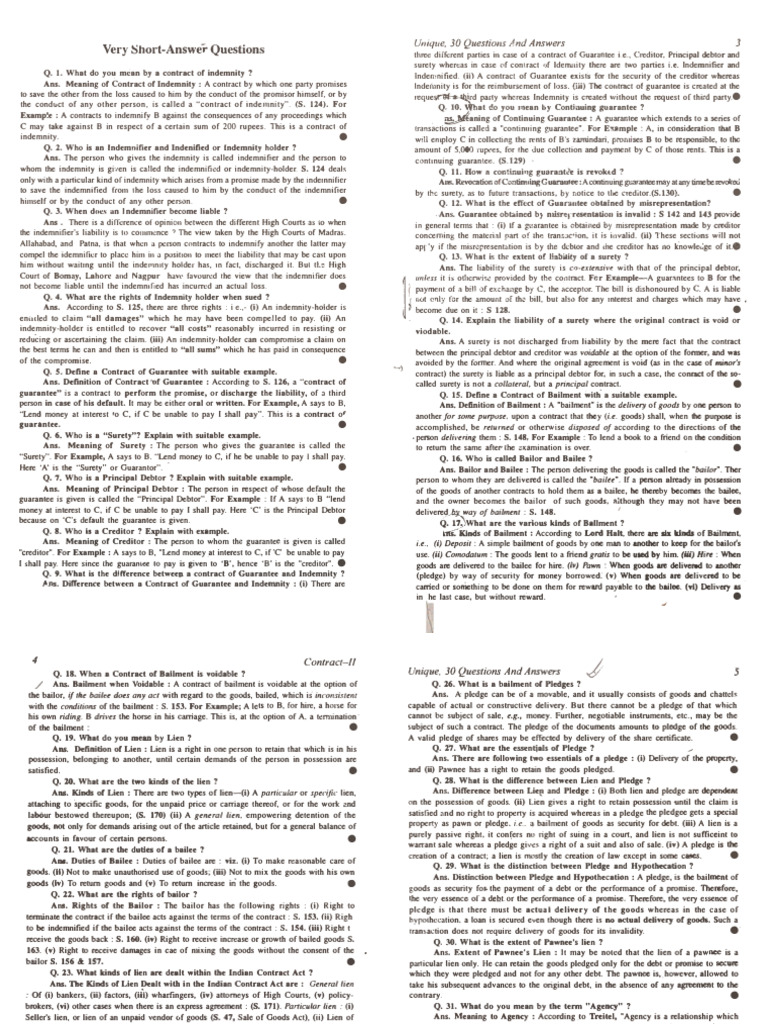 Short Question | PDF | Guarantee | Indemnity
