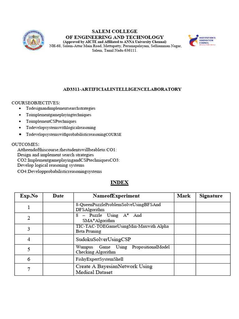AD3311-Artifical Intelligence Laboratory MANUAL PDF | PDF | Computer Programming | Computing