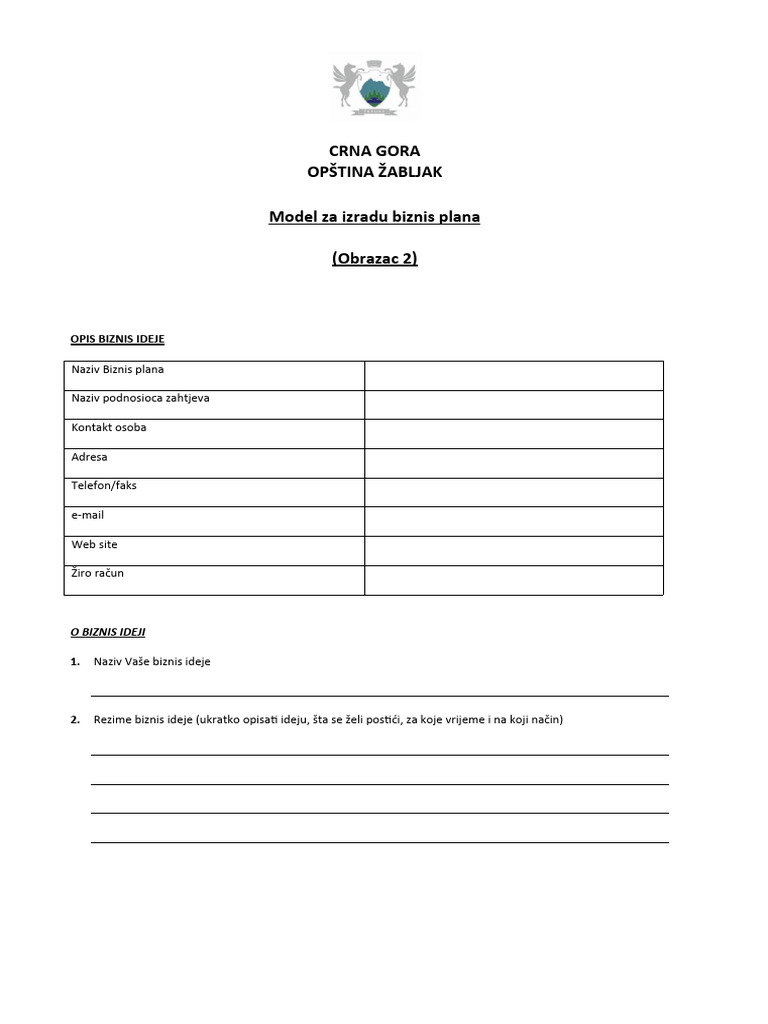 Model Za Izradu Biznis Plana Obrazac 2 | PDF