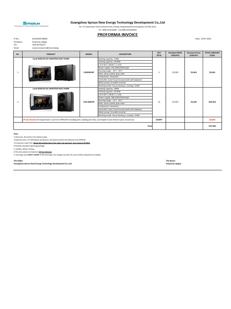 Proforma Invoice for Heat Pumps | PDF