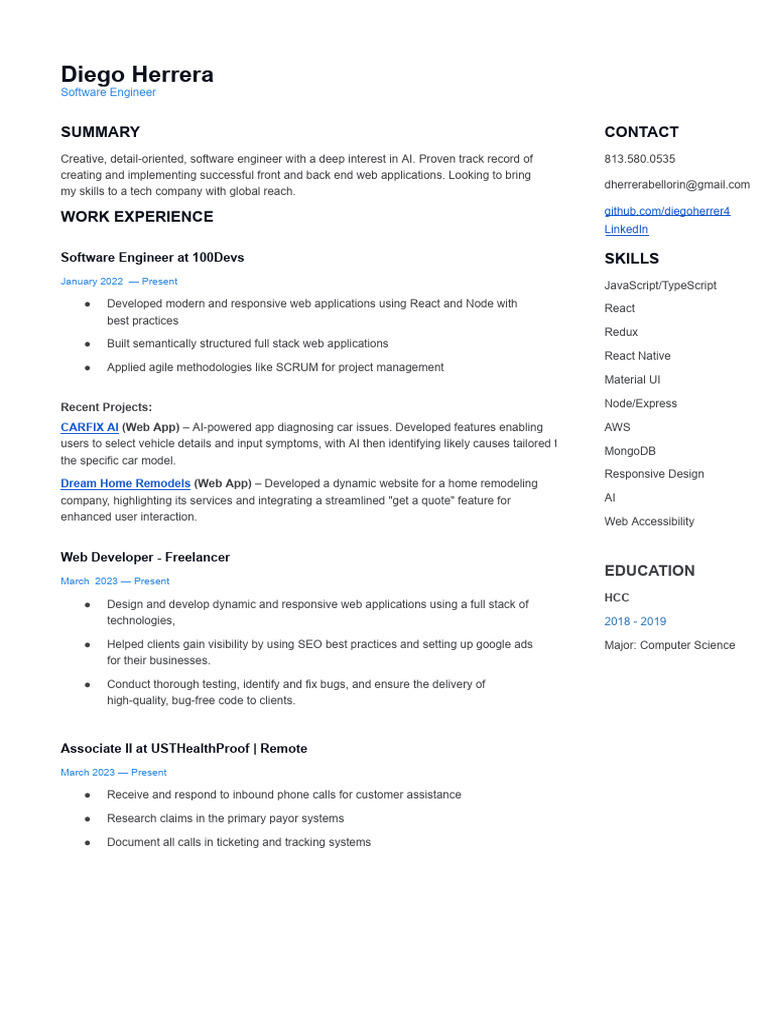 AI-Focused Software Engineer Resume | PDF | Web Application | World ...