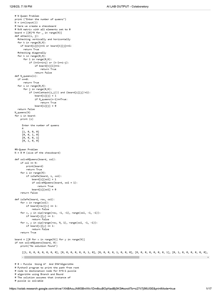 AI LAB OUTPUT - Colaboratory | PDF | Algorithms And Data Structures | Theoretical Computer Science