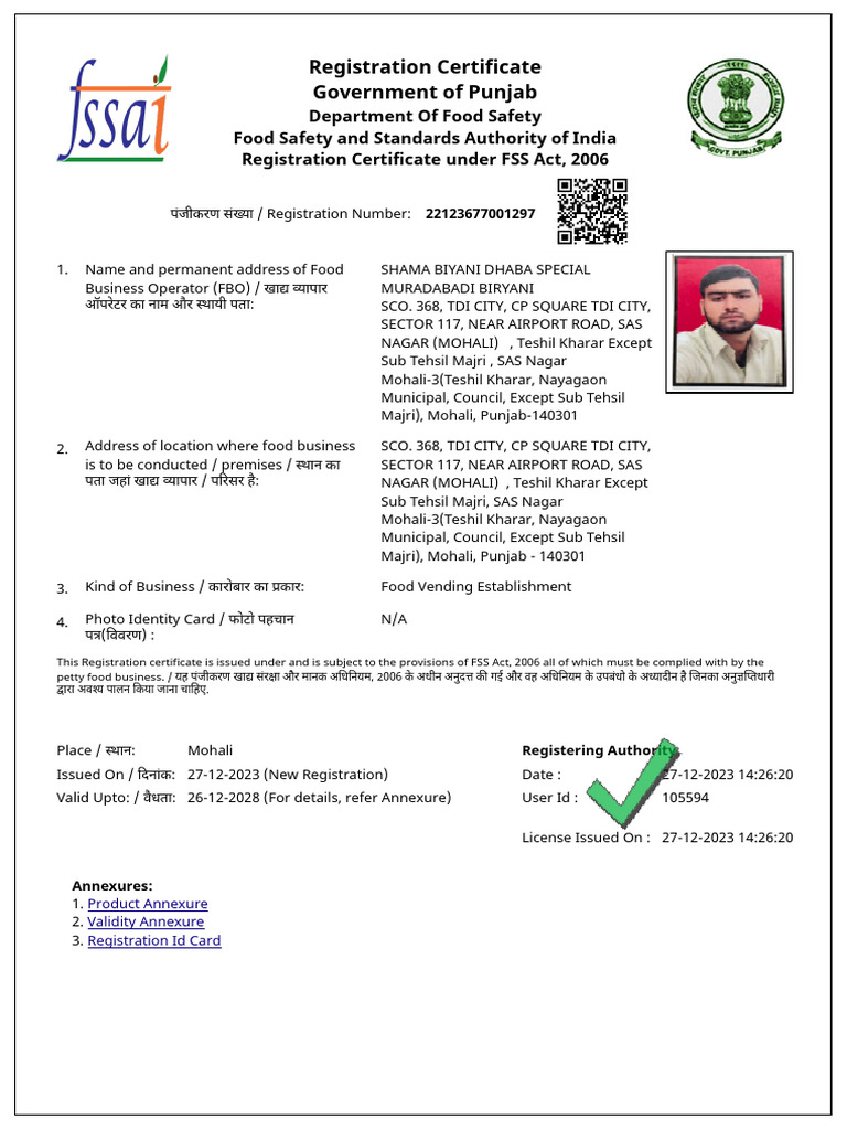 Shama Biyani Dhaba Special Fssai Certificate | Download Free PDF ...