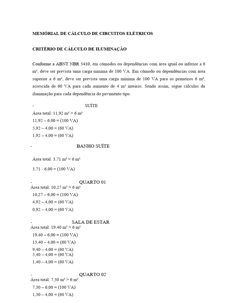 Memórial de Cálculo de Circuitos Elétricos | PDF | Condutor elétrico | Materiais