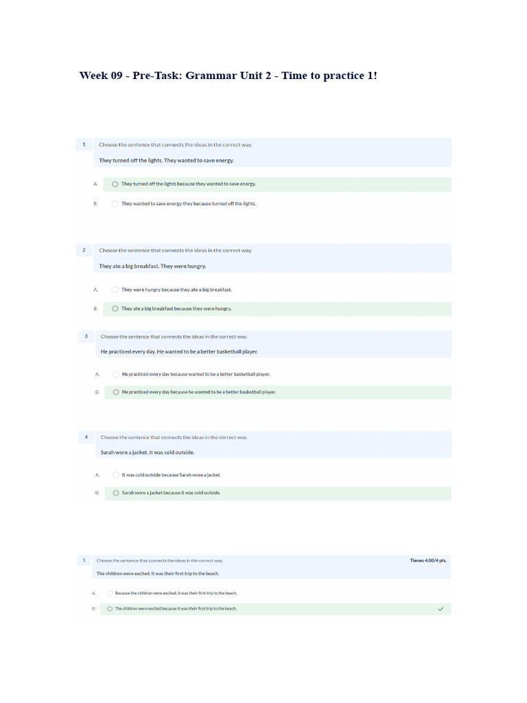 INGLES III Week 09 - Pre-Task Grammar Unit 2 - Time To Practice 1! | PDF