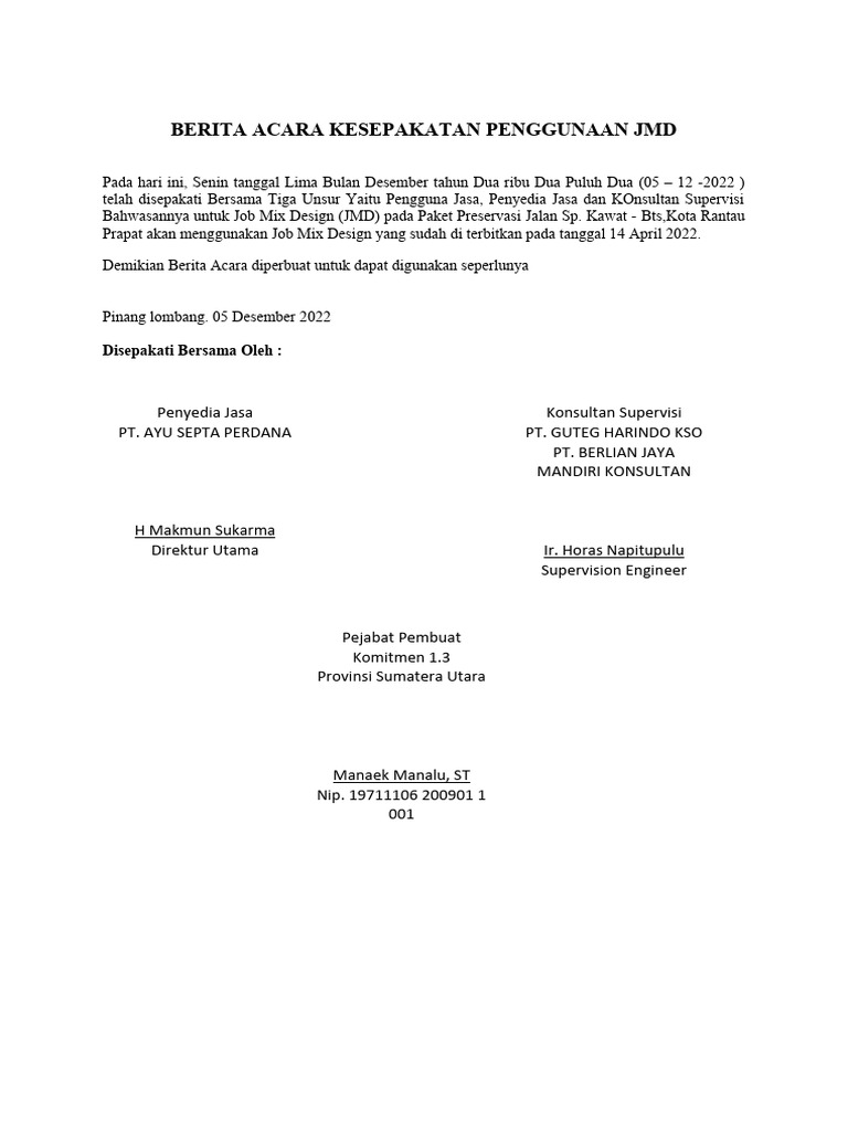 Berita Acara Kesepakatan Penggunaan JMD | PDF