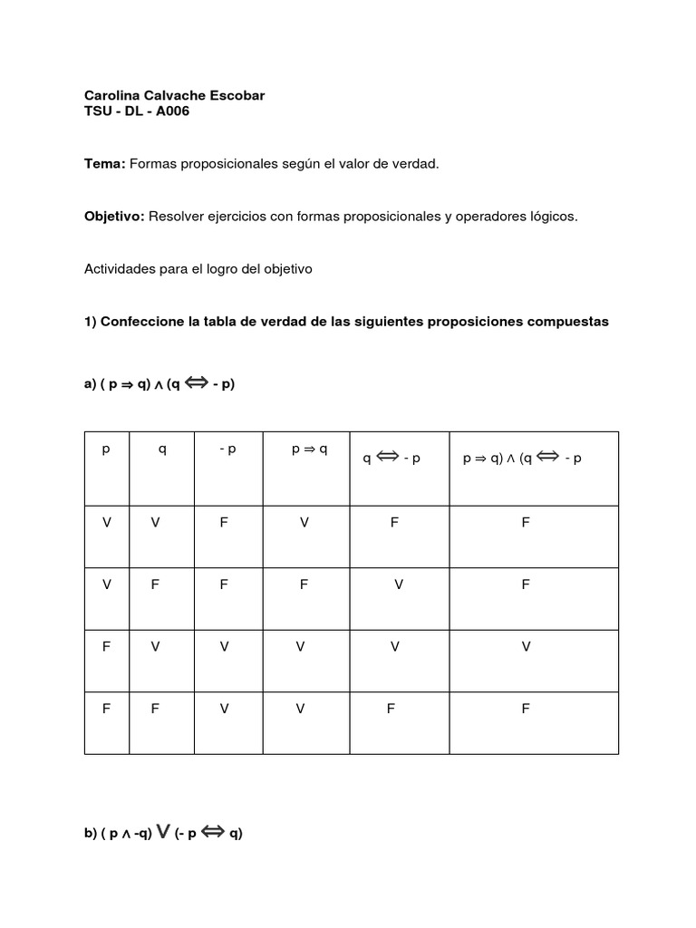 Formas Proposicionales Según El Valor de Verdad | PDF | Proposición | Gramática