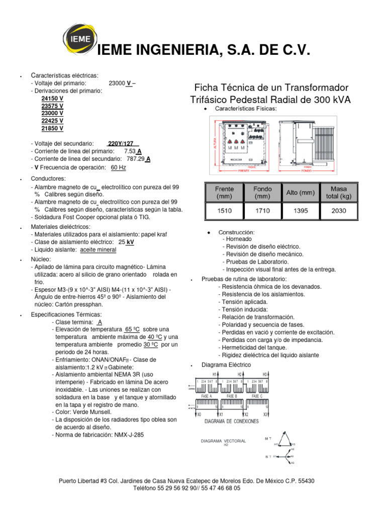 FICHA TEC TR TRIF PED RADIAL 300 kVA 23000-440V | PDF | Aislador (Electricidad) | Transformador