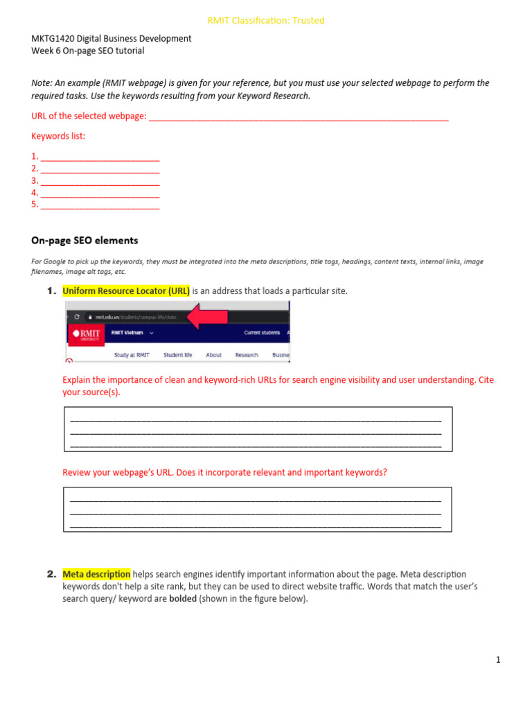 Week 6 On-Page SEO Worksheet | PDF | Search Engine Optimization ...