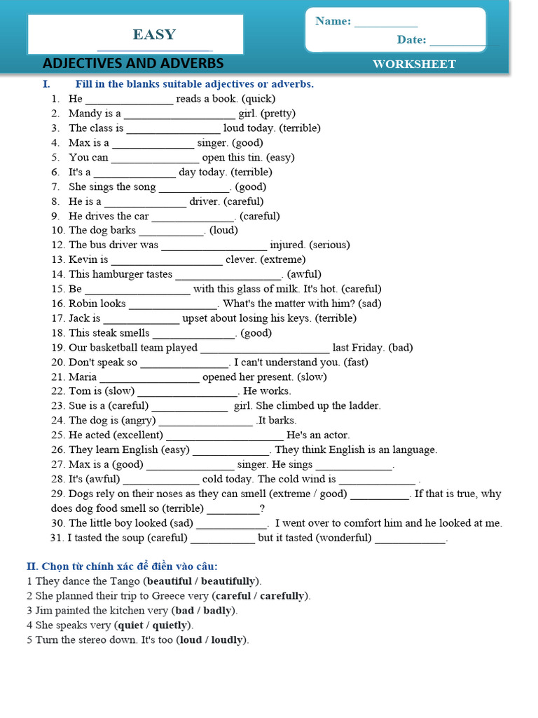 Adjectives and Adverbs-Worksheet 1 | PDF | Adverb