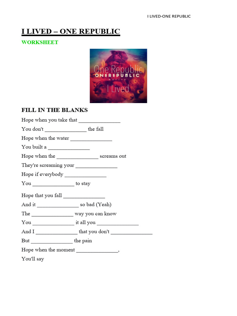 I Lived Song by One Republic Worksheet Templates Layouts - 133301 | PDF ...