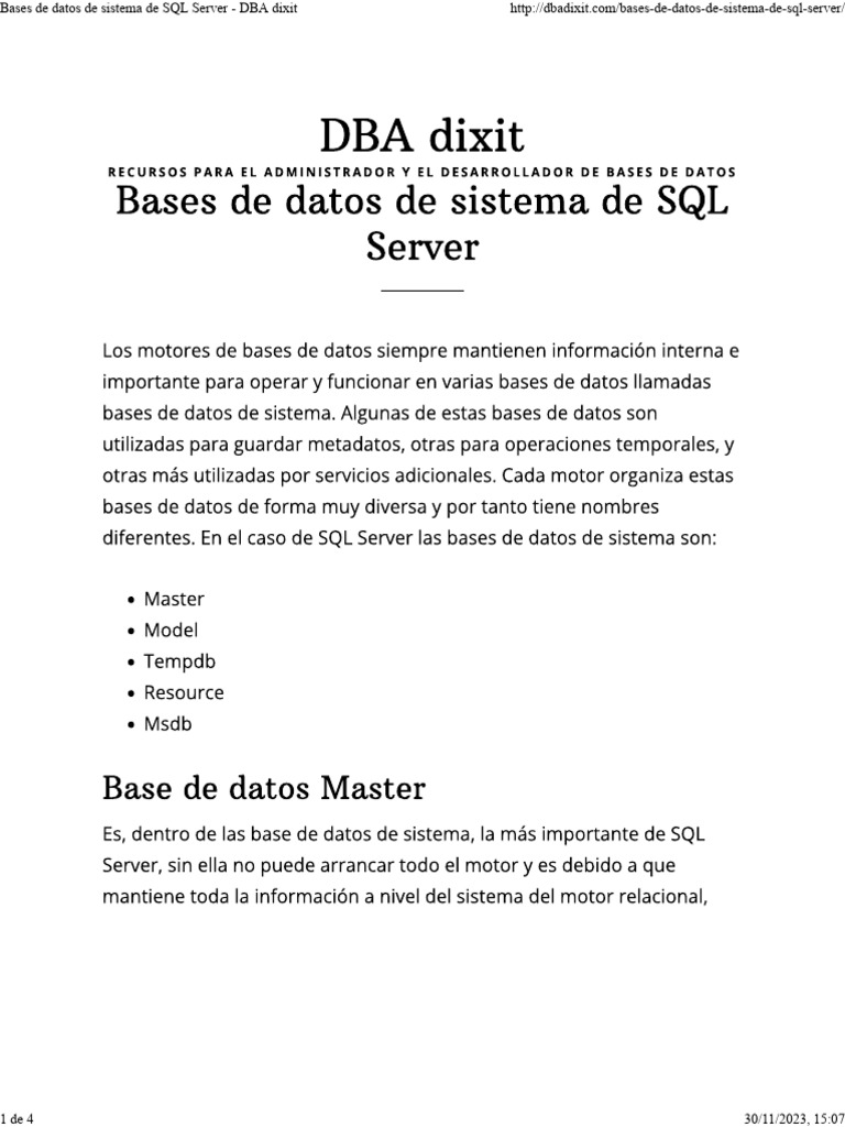Bases de Datos de Sistema de SQL Server - DBA Dixit | PDF